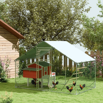 PawHut Walk-in Chicken Run w/ Cover, Hanging Feeder Perch, for 6-8 Poultry