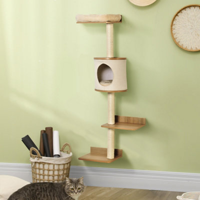 PawHut Wall Mounted Cat Tree for Indoor Cats with Scratch Post Oak Beige