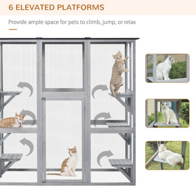 PawHut Wooden Cat House with Platforms, Cat Cage for Multiple Kittens