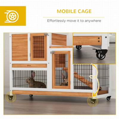 PawHut Wooden Indoor Rabbit Hutch Elevated Bunny Cage w/ Enclosed Run Wheel