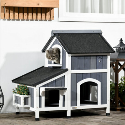 PAWHUT WOODEN OUTDOOR CAT HOUSE W/ FLOWER POT, WINDOWS, MULTIPLE ENTRANCES