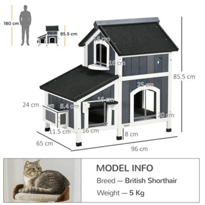 PAWHUT WOODEN OUTDOOR CAT HOUSE W/ FLOWER POT, WINDOWS, MULTIPLE ENTRANCES