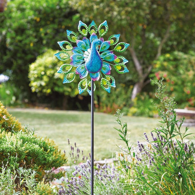 Peacock Wind Spinner with Solar Powered Crackle Glass Globe - Outdoor ...