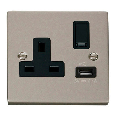 Pearl Nickel 1 Gang 13A DP 1 USB Switched Plug Socket - Black Trim - SE ...