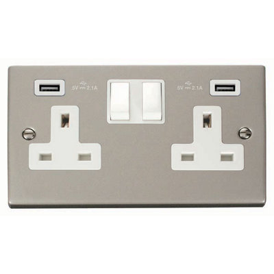Pearl Nickel 2 Gang 13A 2 USB Twin Double Switched Plug Socket - White ...