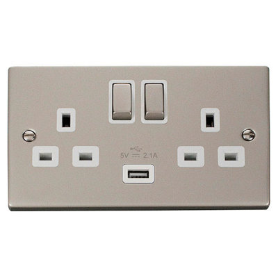 Pearl Nickel 2 Gang 13A DP Ingot 1 USB Twin Double Switched Plug Socket ...