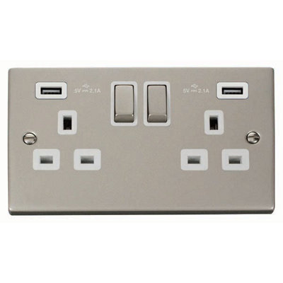 Pearl Nickel 2 Gang 13A DP Ingot 2 USB Twin Double Switched Plug Socket ...