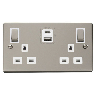 Pearl Nickel 2 Gang 13A DP Ingot Type A & C USB Twin Double Switched ...