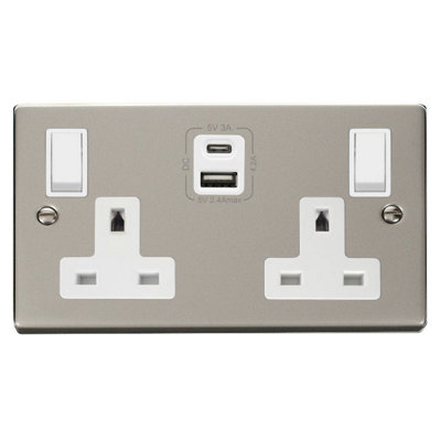 Pearl Nickel 2 Gang 13A Type A & C USB Twin Double Switched Plug Socket ...
