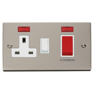 Pearl Nickel Cooker Control 45A With 13A Switched Plug Socket & 2 Neons ...