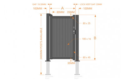 Pedestrian Gate 1000x1600mm Grey - Vertical Solid Infill and Flat Top