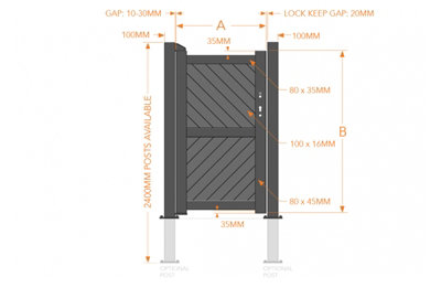 Pedestrian Gate 1200x1600mm Grey - Diagonal Solid Infill and Flat Top
