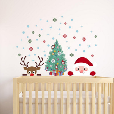 Peeking Santa & Rudolph with Christmas Tree Wall Stickers Living room ...