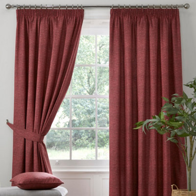 Pembrey Textured Pair of Red Pencil Pleat Curtains With Tie-Backs