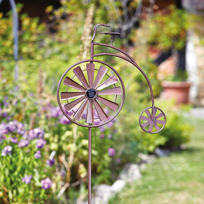 Penny Farthing Wind Spinner with Solar Powered LED Lights - Bronze ...
