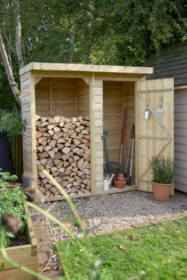 Pent Medium Wooden Overlap Log Store with Tool Storage (1.8m x 0.9m)