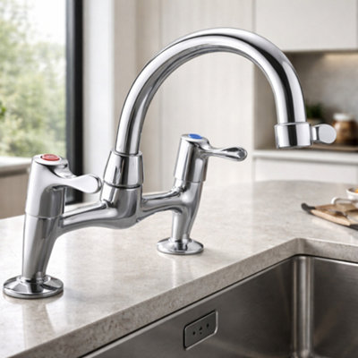 Performa Chrome Twin Lever Kitchen Mixer Tap, Dual Control Swivel Spout ...