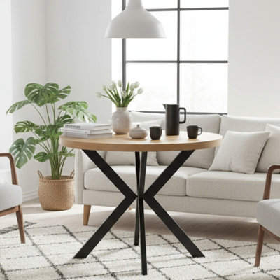 PERONI Scandinavian Extending Round Dining Table Golden Oak with Black Legs