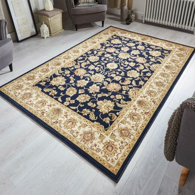 Persian Bordered Easy to Clean Blue Floral Traditional Rug for Dining ...