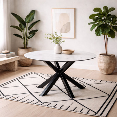 Perth 119cm Round White Ceramic Dining Table with Black Metal Legs