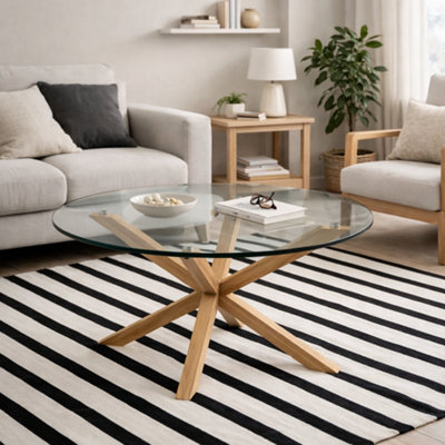 Perth Smoked Glass Round Coffee Table with Oak-Effect Cross Legs, 820 x ...