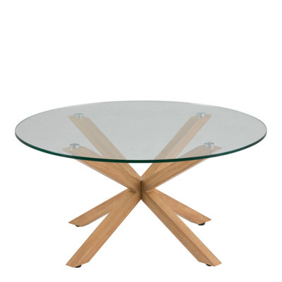 Perth Smoked Glass Round Coffee Table with Oak-Effect Cross Legs, 820 x ...