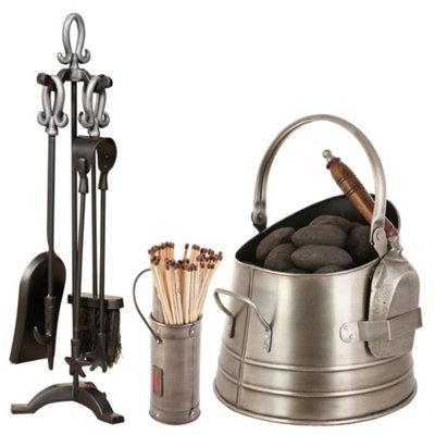 PEWTER Handled Free Standing Companion Set with Coal Bucket and Matches ...