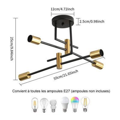 Pheashine Black and Gold Modern Ceiling Lamp 4-Head Semi-Recessed ...