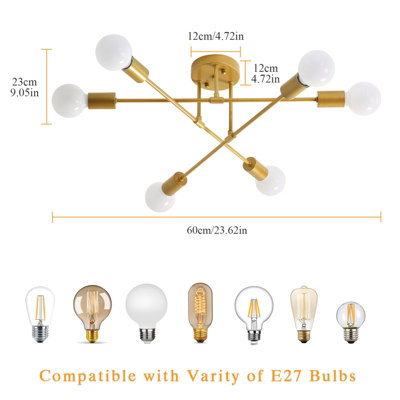 Pheashine Gold Modern Ceiling Lamp 6-Head Semi-Recessed Industrial ...