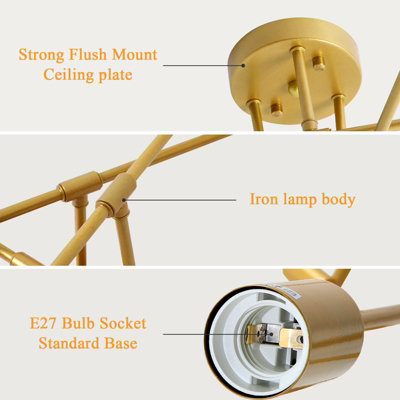 Pheashine Gold Modern Ceiling Lamp 6-Head Semi-Recessed Industrial ...