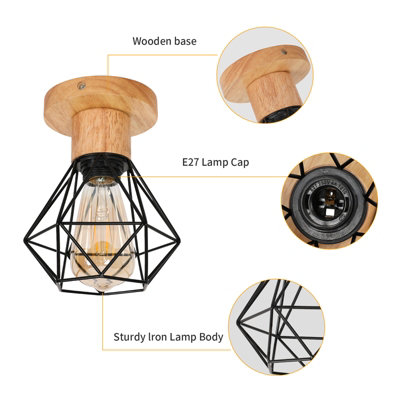 Pheashine Retro Wrought Iron Ceiling Lamp with Wooden Base Black Shade ...