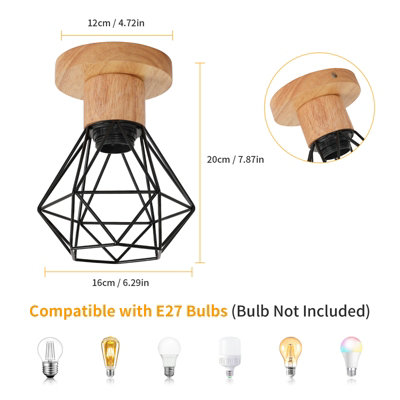 Pheashine Retro Wrought Iron Ceiling Lamp with Wooden Base Black Shade ...