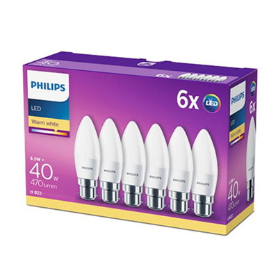 Philips LED 40W Candle B22 Warm White 6-Pack Frosted | DIY at B&Q