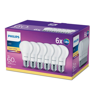 Philips LED 60W Warm White E27 6-Pack Frosted | DIY at B&Q