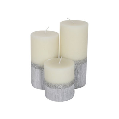 Pillar Candle Set of 3 Silver & White Two Tone Candles by Laeto Ageless ...