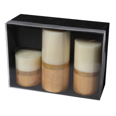 Pillar Candle Set of 3 Unscented Two Tone White & Gold Candles by Laeto ...