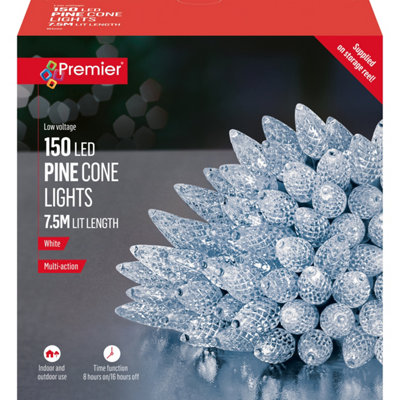 Pine Cone String Lights 150 White Coloured LEDs Multi Action 7.5M Timer ...