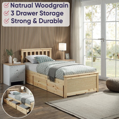 Pine Wooden Bed Frame With 3 Drawers Under Bed Storage