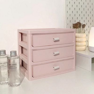 Pink 3-Drawer Desktop Pull Out Cosmetic Storage Box Makeup Organizer