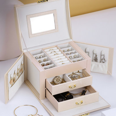 Pink 3-Tier Lockable Travel Jewellery Box with 2 Drawers 17.5cm W x 13 ...