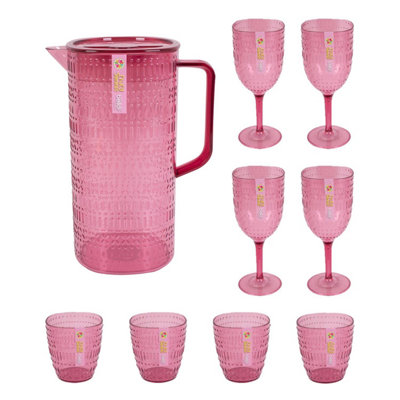Pink Aztec 9pc Drinks Set Wine Goblets Tumblers Pitcher Reusable BBQ ...