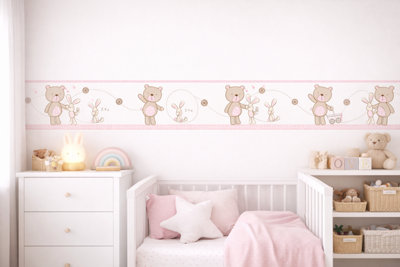 PINK BEIGE TEDDY & BUNNY CHILDREN KIDS GIRLS NURSERY WALLPAPER BORDER ...