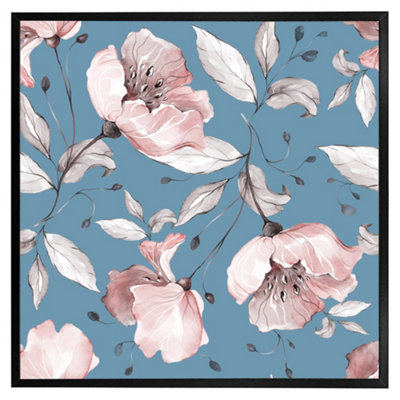 Pink flowers on blue (Picutre Frame) / 12x12" / Brown