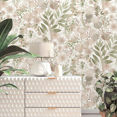 Pink & Green Floral Wallpaper Textured Vinyl Paste The Wall Feature