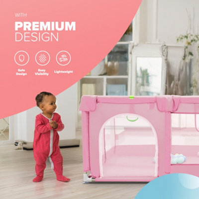 Pink Kidoola Baby Playpen with Padded Frame & Mesh Walls, Balls & Pull ...