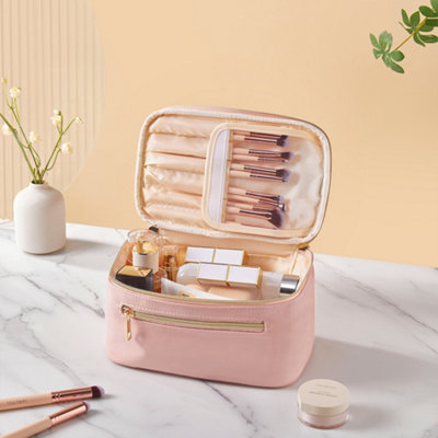 Pink Large PU Leather Waterproof Travel Makeup Bag with Compartments