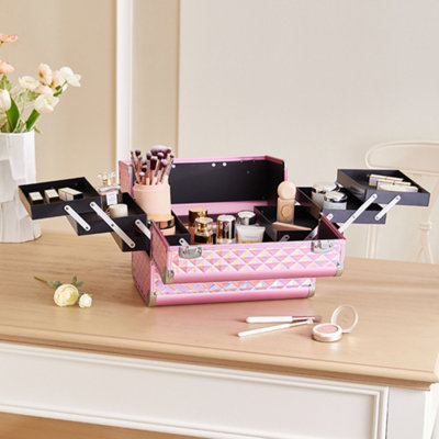 Pink Makeup Box Professional Cosmetic Organizer Aluminum Storage Box ...