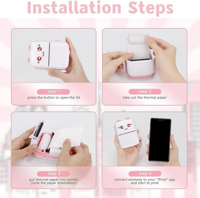 Pink Mini Inkless Portable Thermal Printer With 1 Roll Thermal Paper
