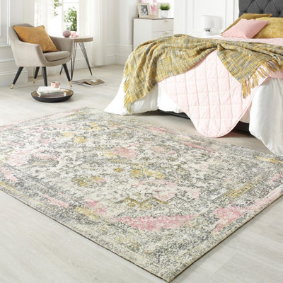 Pink Ochre Traditional Bordered Floral Easy to clean Rug for Dining ...