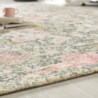 Pink Ochre Traditional Bordered Floral Easy to clean Rug for Dining ...